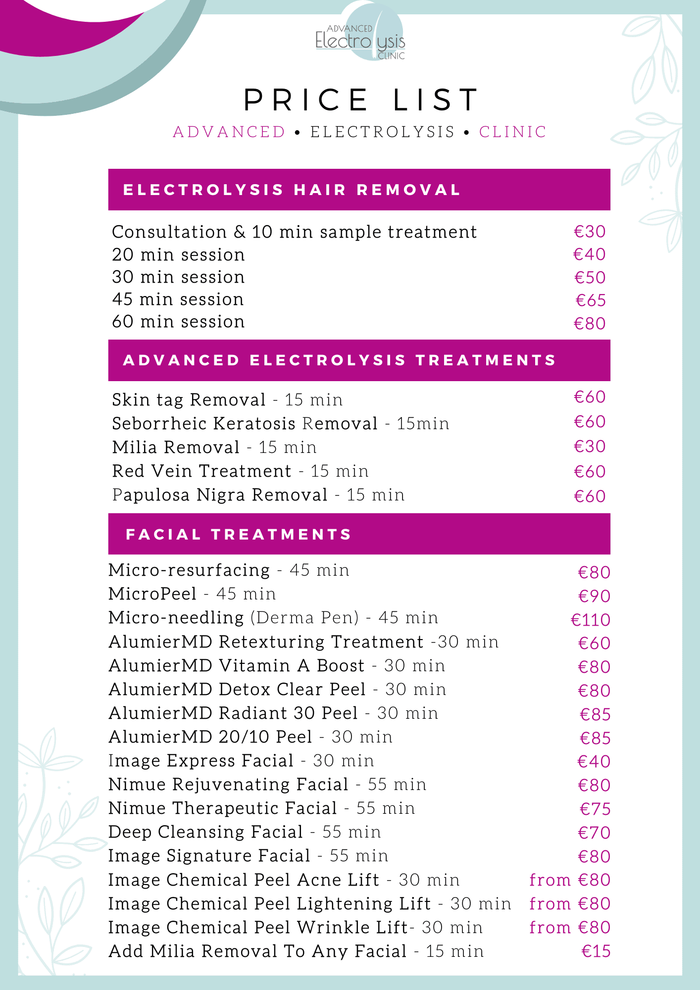 Price List - Advanced Electrolysis Clinic