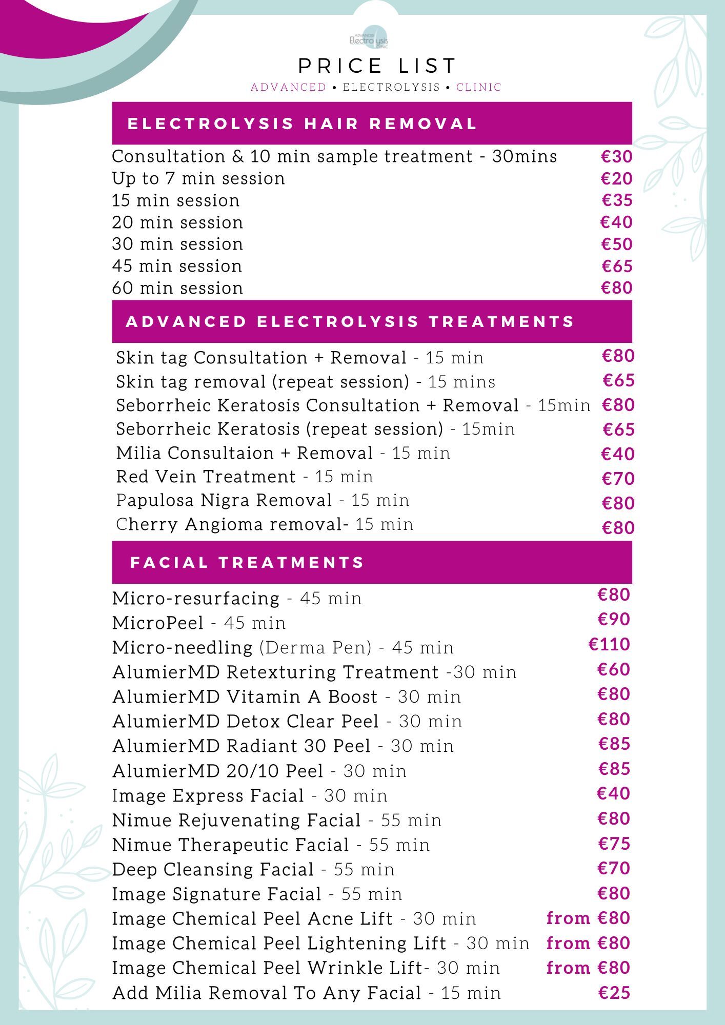 Price List - Advanced Electrolysis Clinic